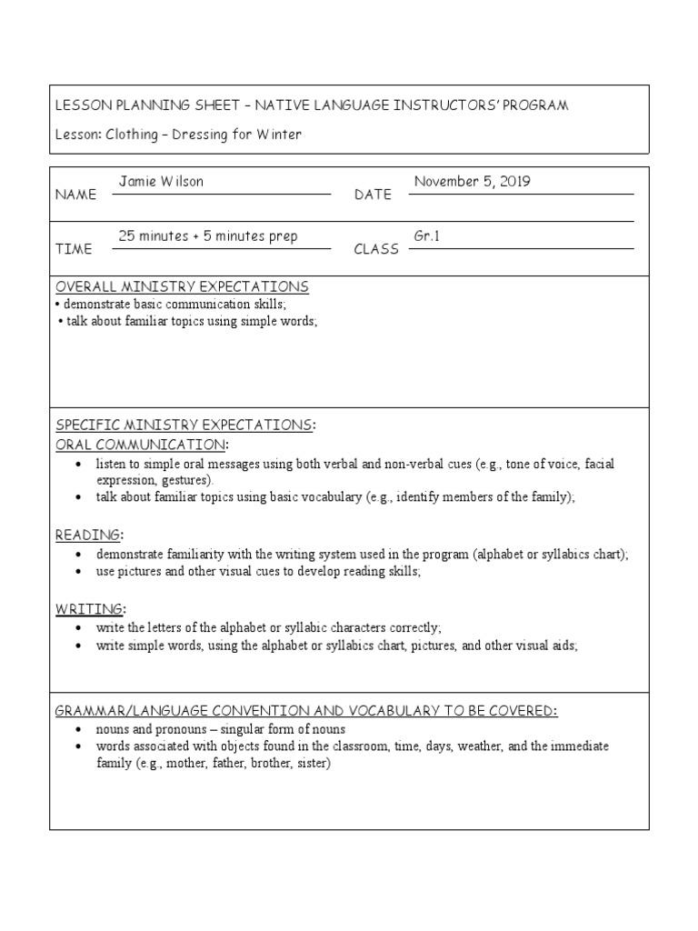 Clothing Dressing For Winter Lesson Plan | PDF | Vocabulary | Word