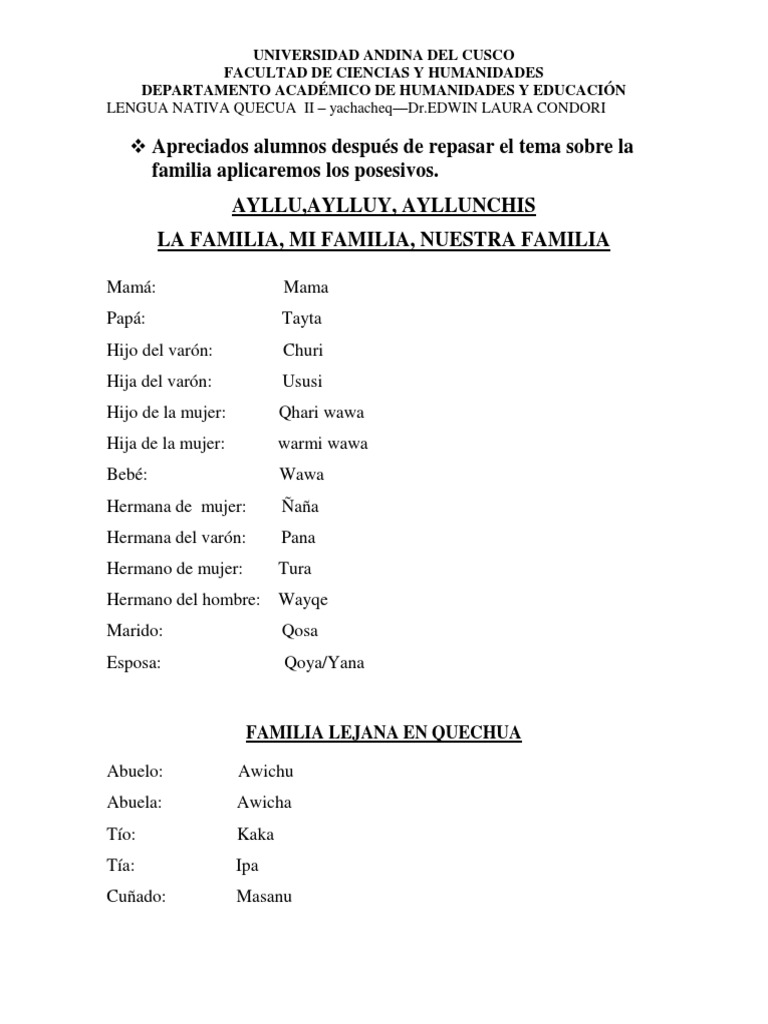 Ayllu - Quechua II - 2020 I | PDF | Padrino | Plural