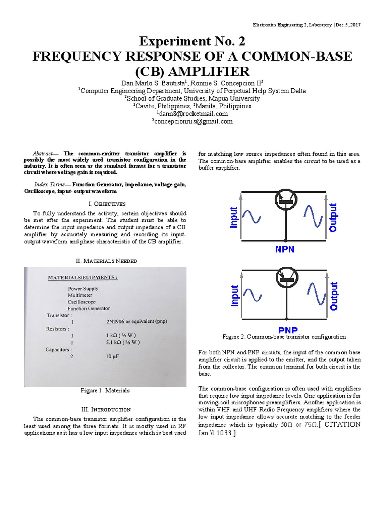 Experiment No. 2 Frequency Response of A Common-Base (CB) Amplifier ...