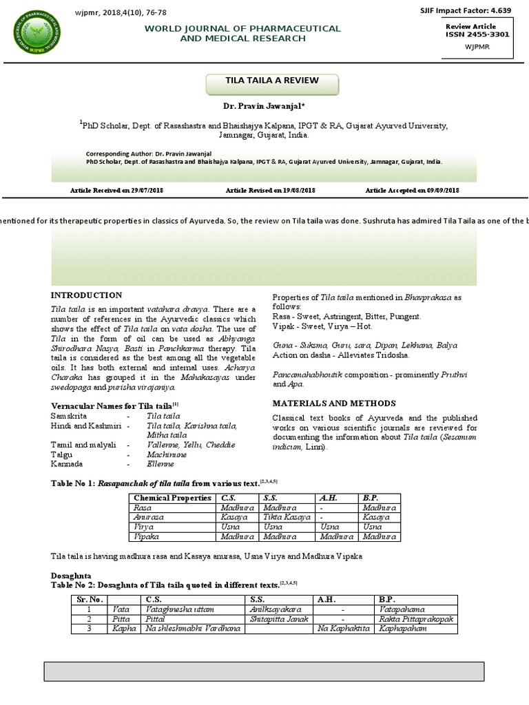 Tila Taila A Review: World Journal of Pharmaceutical and Medical ...