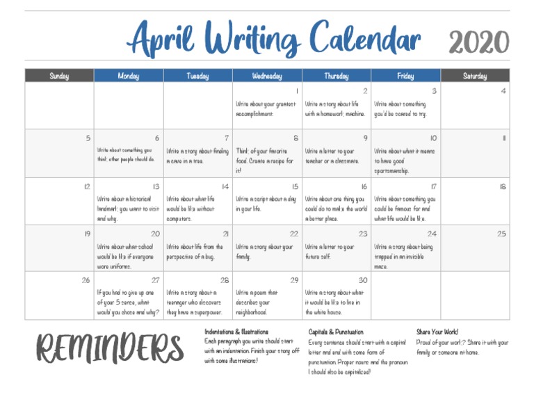 April 2020 Writing Prompts Calendar | PDF | Syntax | Grammar
