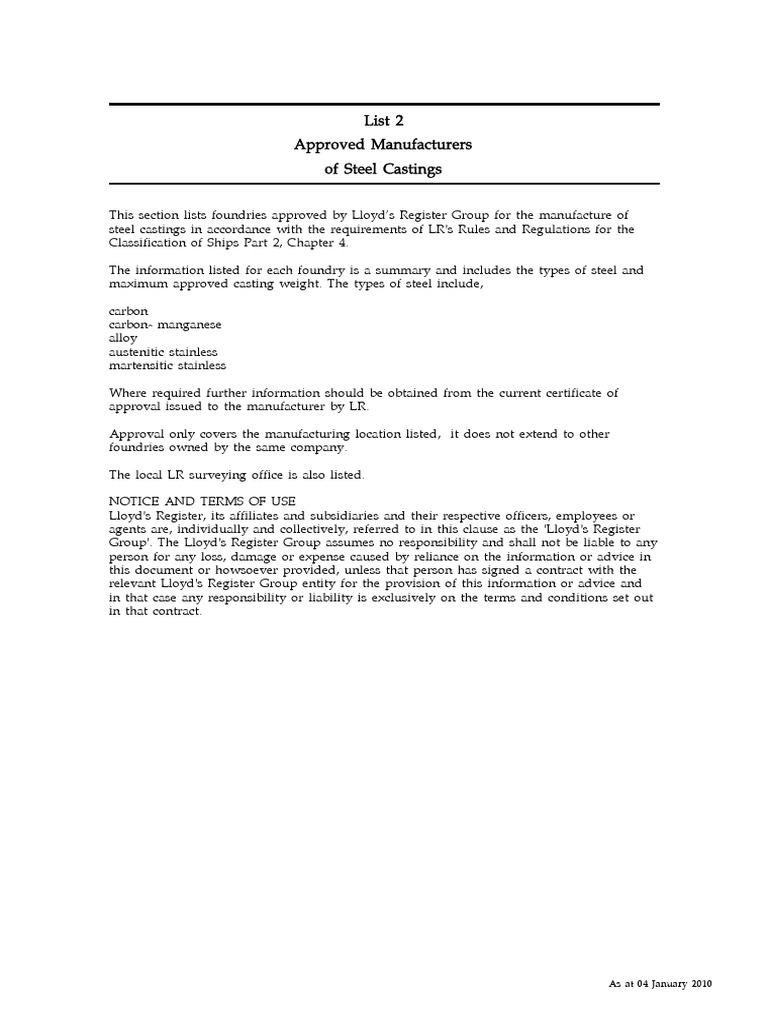 LR Approved Manufacturers of Steel Castings 100104 PDF | PDF | Steel ...