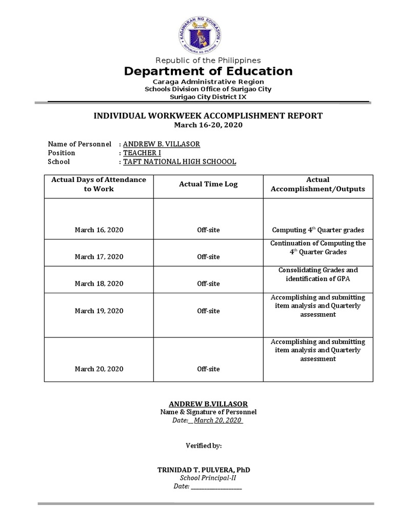 Department of Education: Individual Workweek Accomplishment Report | PDF | Learning | Schools