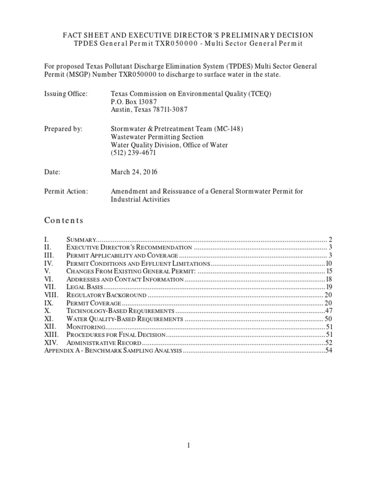 Fact Sheet and Executive Director'S Preliminary Decision TPDES General ...