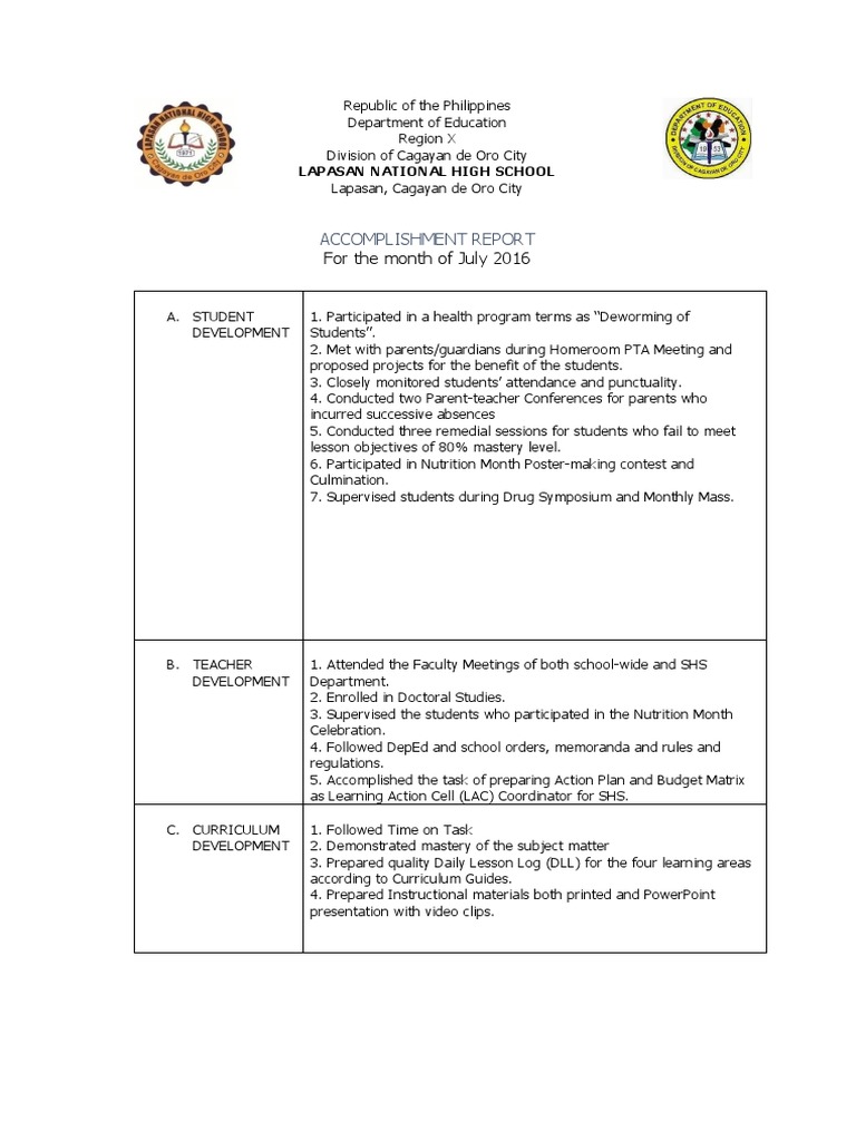 Personal Accomplishment Report | PDF | Teaching | Cognition