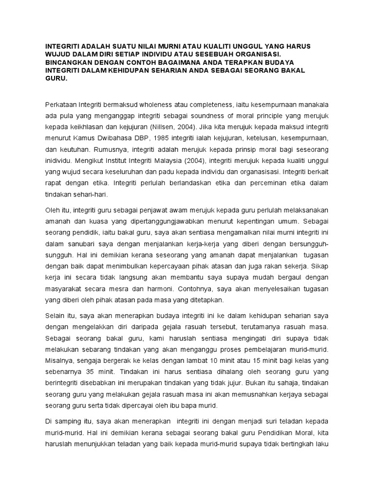 Integriti Adalah Suatu Nilai Murni Atau Kualiti Unggul Yang Harus Wujud ...