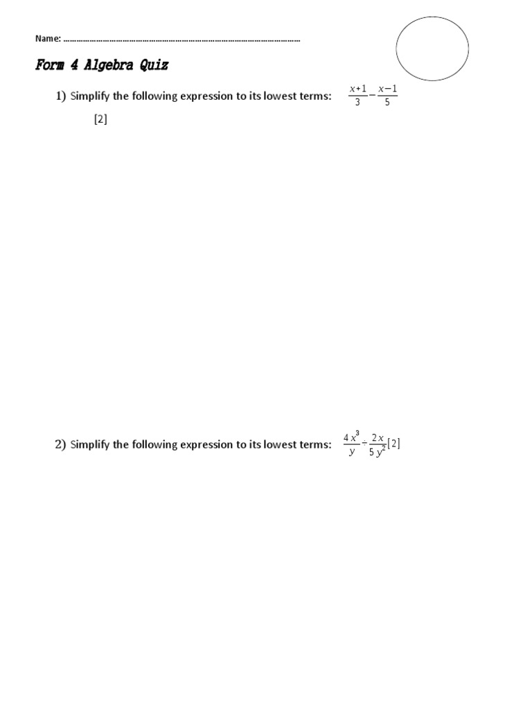 Form 4 Algebra Quiz Questions | PDF