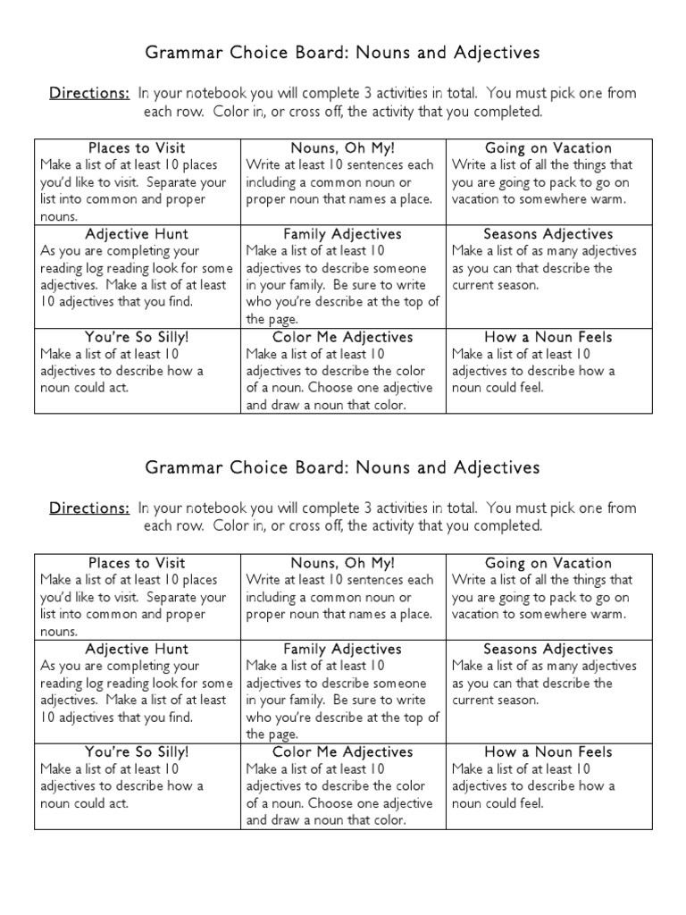 Grammar Choice Board | PDF | Adjective | Noun