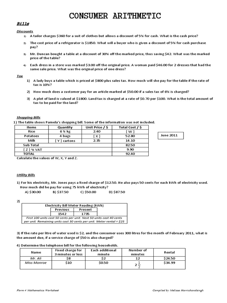 Consumer Arithmetic: Bills | PDF | Interest | Prices