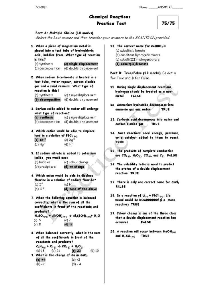 Chemical Reactions Practice Test Answers PDF | PDF | Chemical Reactions ...