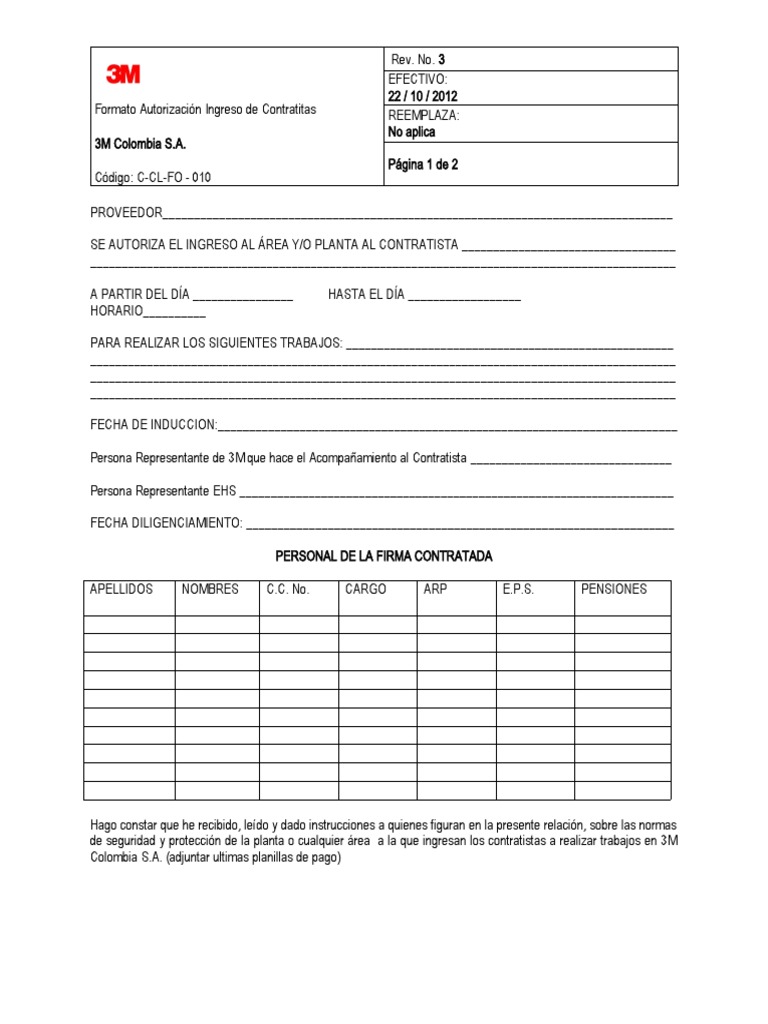 Autorizacion Ingreso de Contratistas | PDF | Residuos | Naturaleza