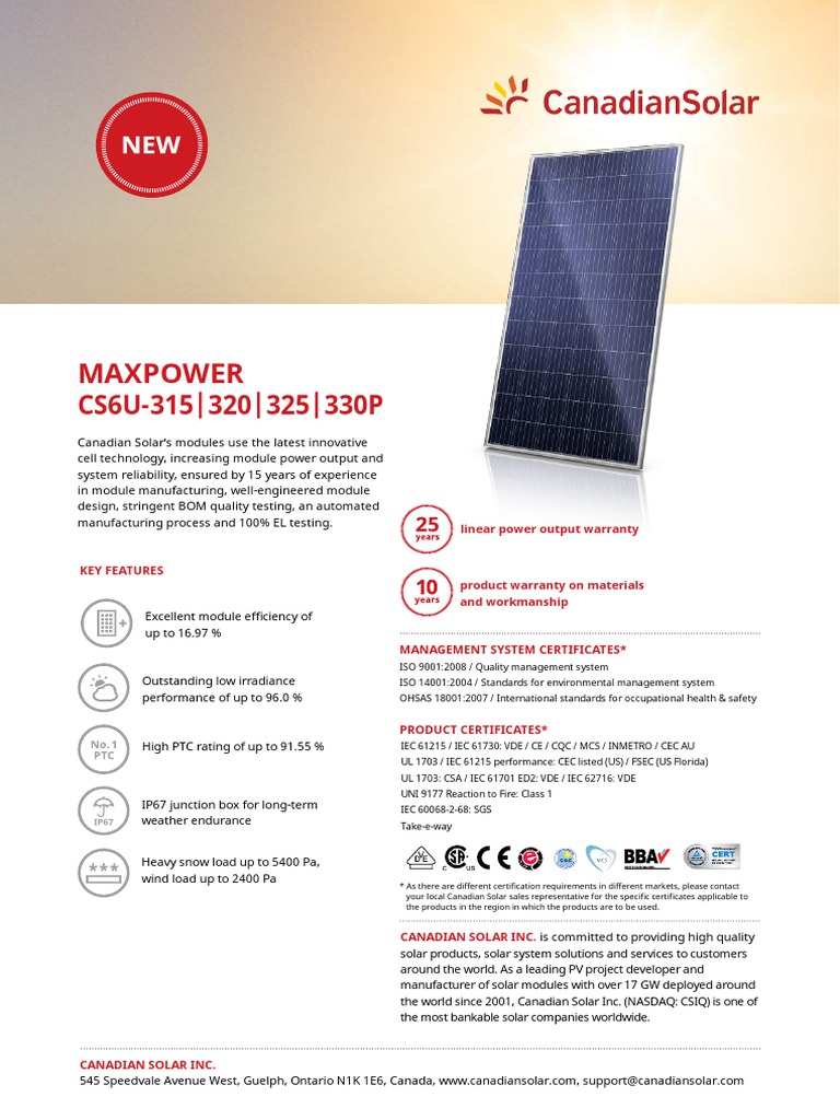 Canadian Solar Datasheet Maxpower CS6U P | PDF | Solar Panel ...
