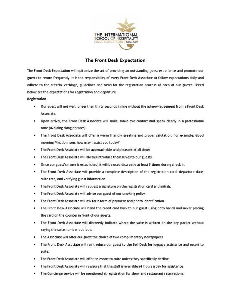 The Front Desk Expectation: Registration | PDF | Credit Card | Business