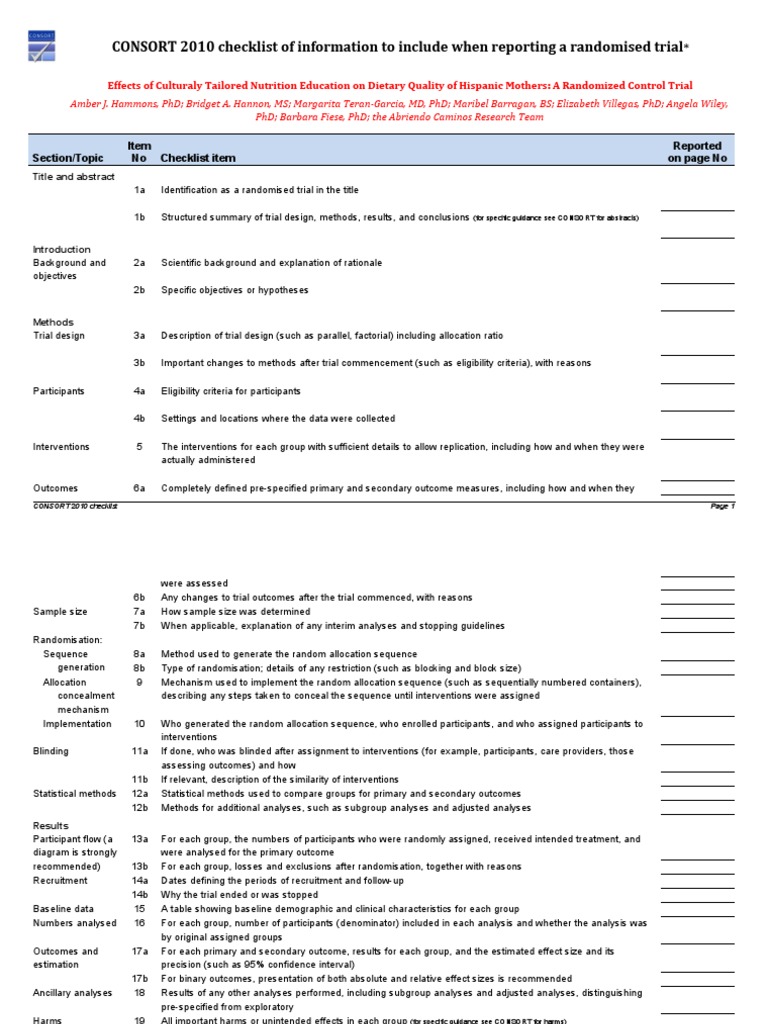 Form Checklist CONSORT | PDF | Randomized Controlled Trial | Effect Size
