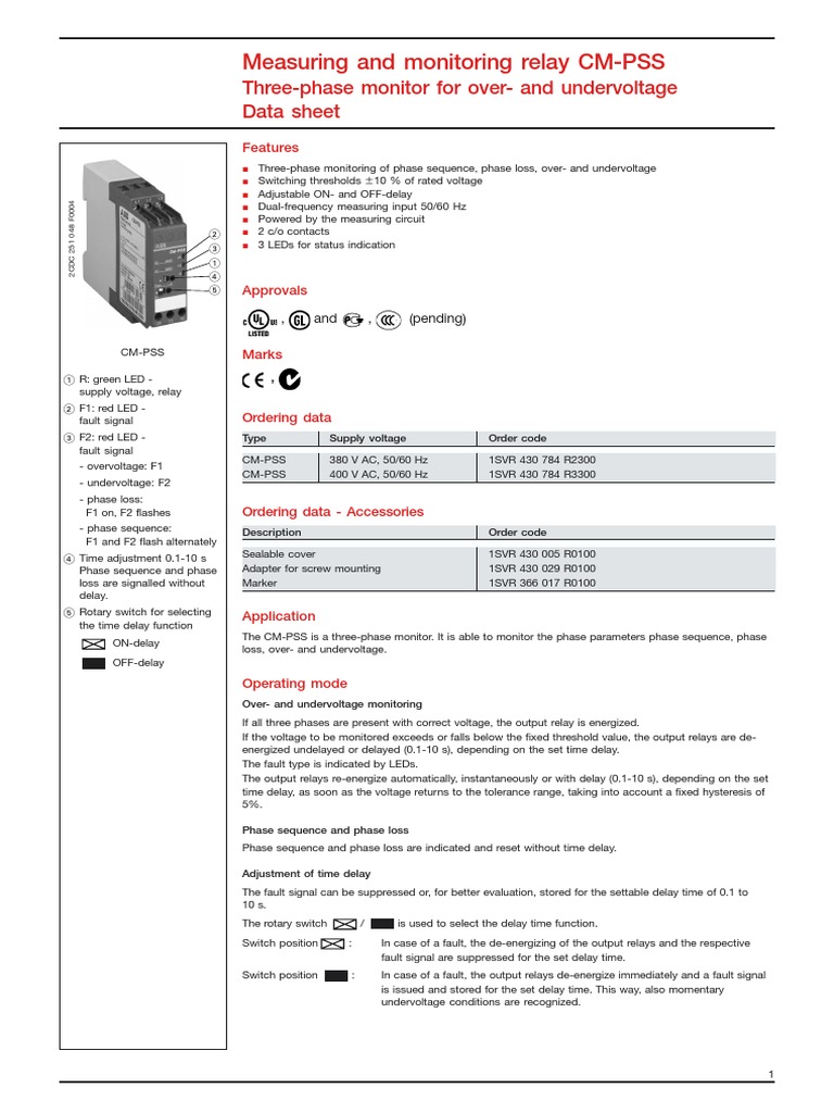 Measuring and Monitoring Relay CM-PSS: Three-Phase Monitor For Over-And Undervoltage Data Sheet ...