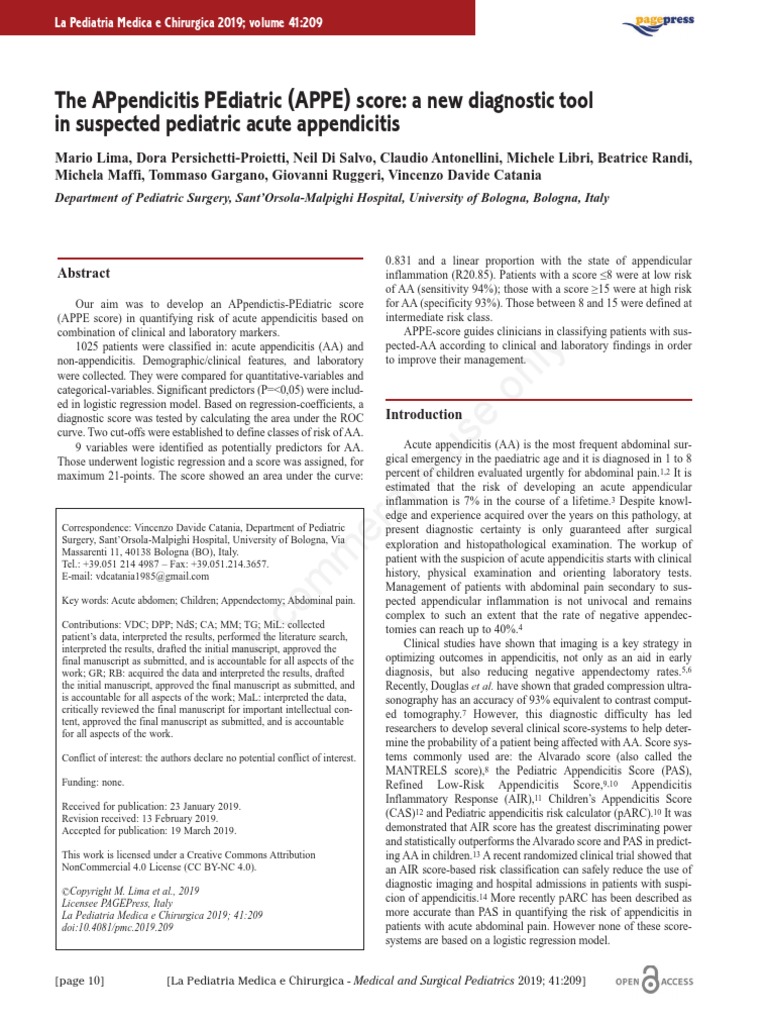 The APpendicitis PEdiatric (APPE) Score A New Diagnostic Tool in ...