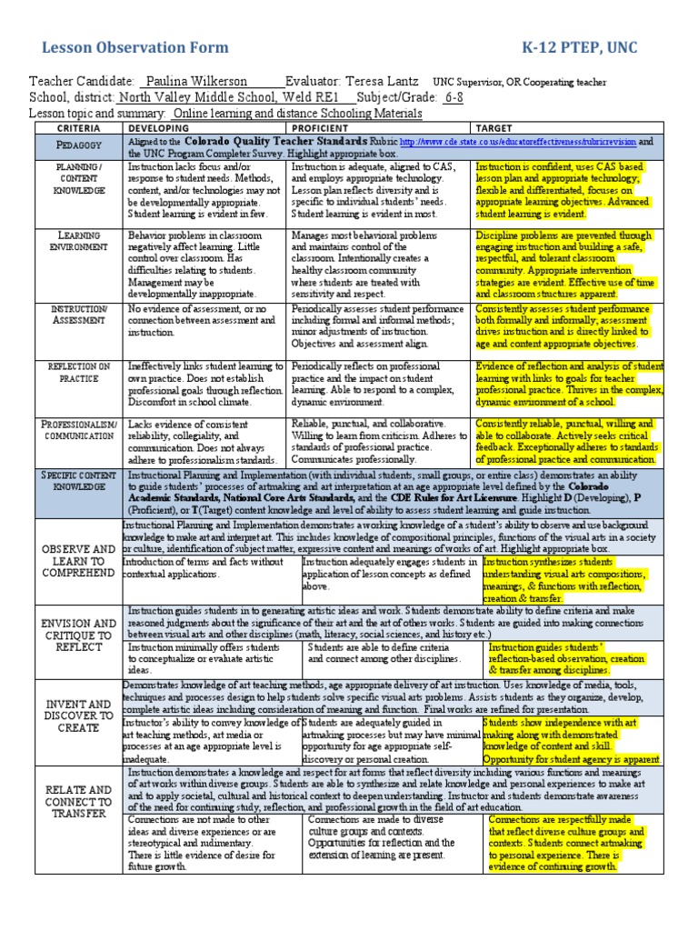 Lesson Observation Form K-12 Ptep, Unc | PDF | Teaching Method ...