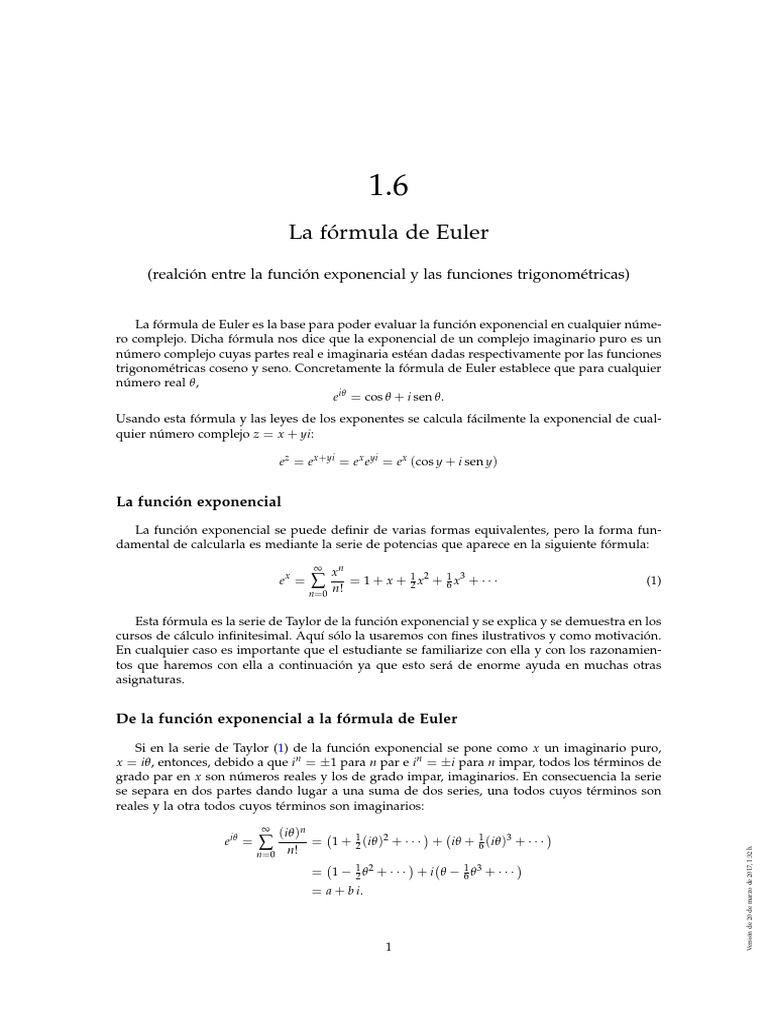 Formula de Euler PDF | PDF | Número complejo | Funciones trigonométricas