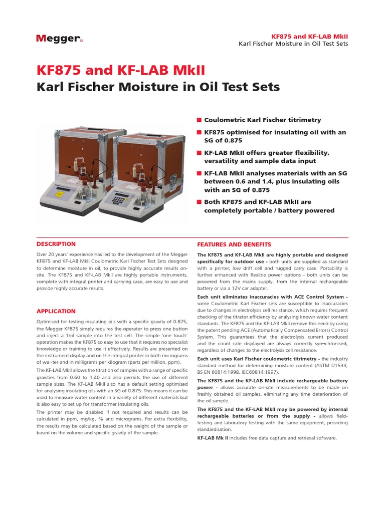 Kf875 and Kf-Lab Mkii: Karl Fischer Moisture in Oil Test Sets | PDF ...