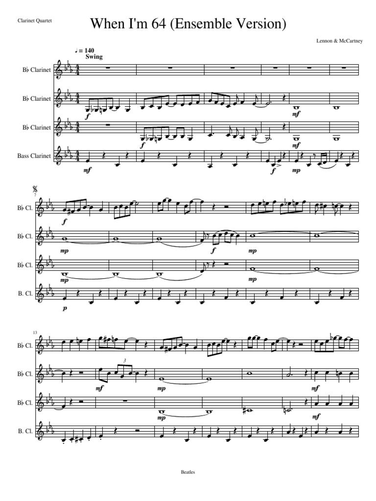 When I'm 64 The Beatles Clarinet Quartet | PDF | Songs | The Beatles Songs