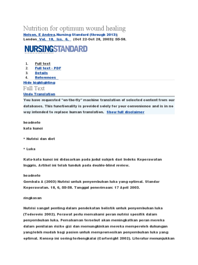 Nutrition For Optimum Wound Healing | PDF
