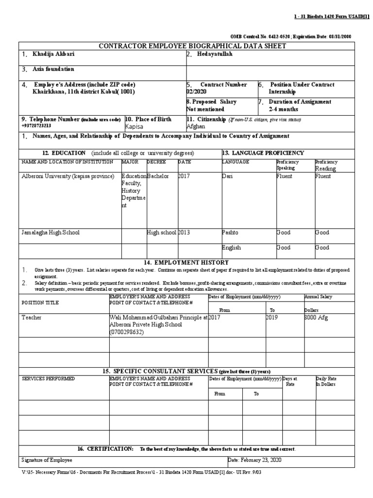Contractor Employee Biographical Data Sheet: 12. Education - Language ...