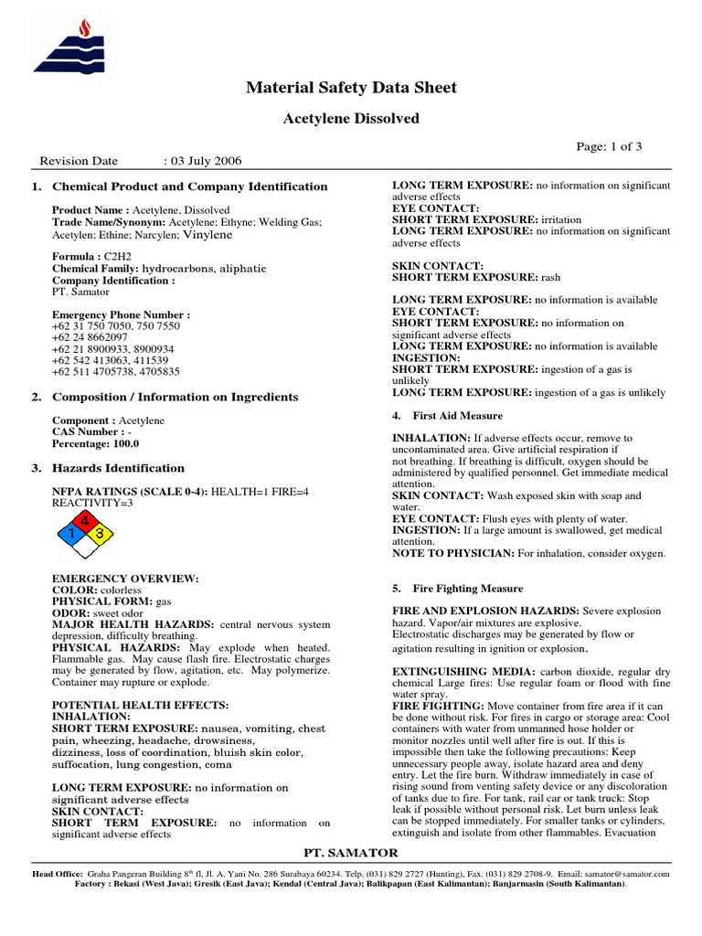 Material Safety Data Sheet: Acetylene Dissolved | Download Free PDF ...
