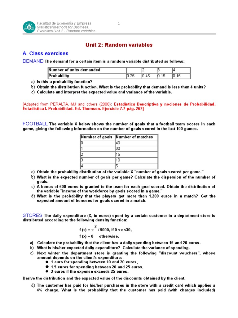 A. Class Exercises: Unit 2: Random Variables | PDF | Variance | Probability Density Function