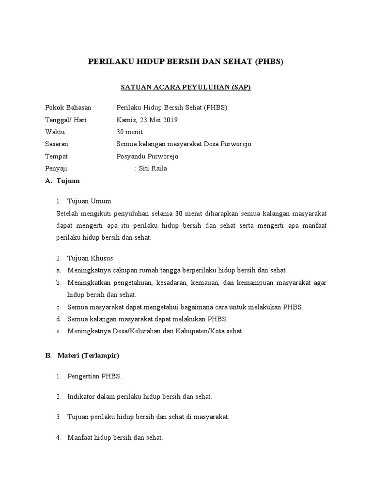 Sap Promkes Perilaku Hidup Bersih Dan Sehat | PDF