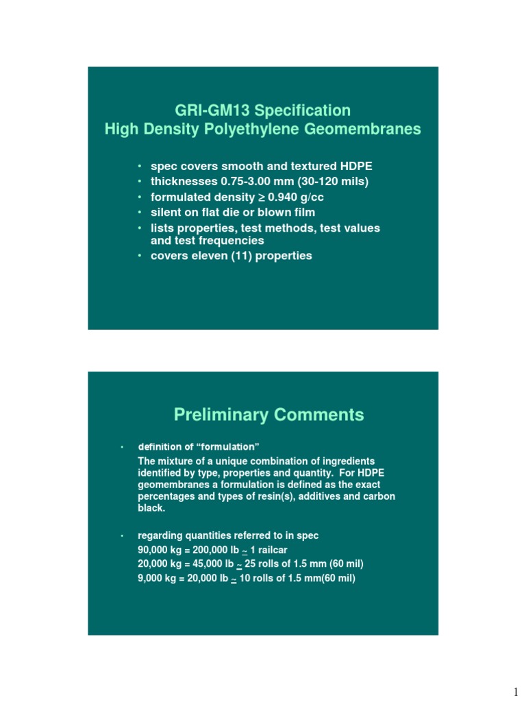 GRI-GM13 Specification High Density Polyethylene Geomembranes | PDF ...