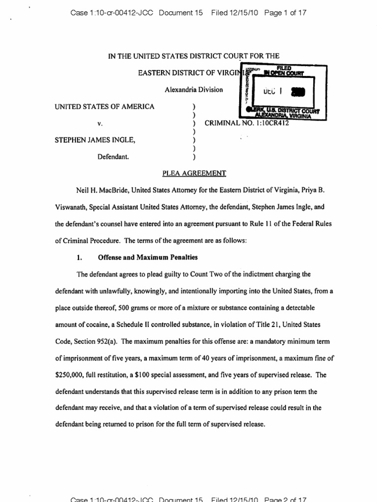 Stephen J. Ingle Plea Agreement | PDF | Plea | Plea Bargain