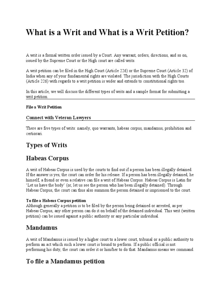 What Is A Writ and What Is A Writ Petition?: Types of Writs Habeas ...