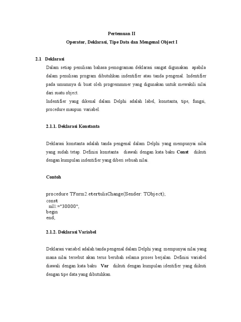 Pertemuan 2 - Operator, Deklarasi, Tipe Data Dan Mengenal Object I | PDF