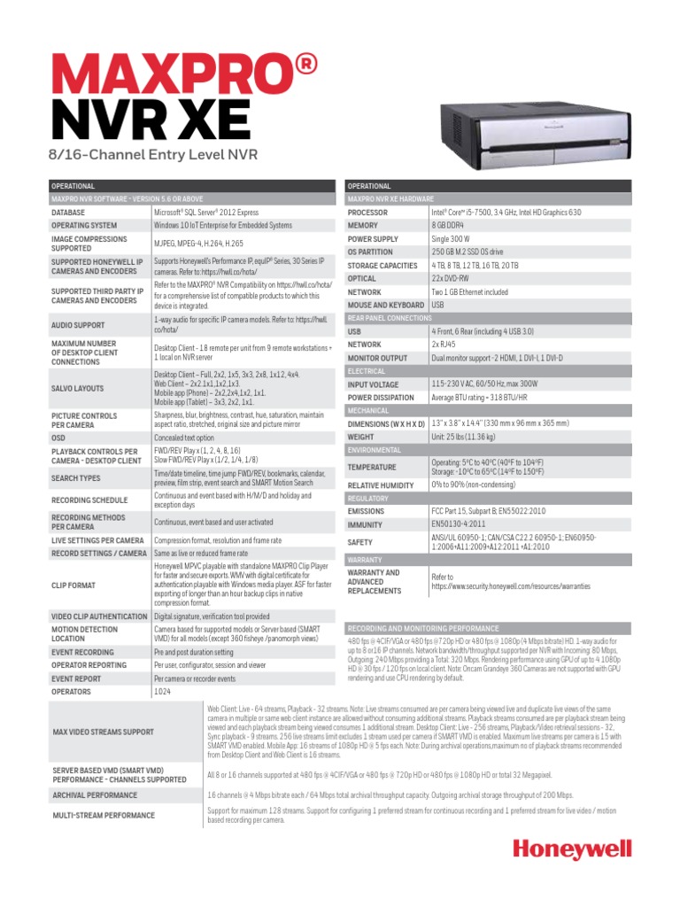Data Sheet - MAXPRO® NVR XE (Xpress Edition) | PDF | Streaming Media | Usb