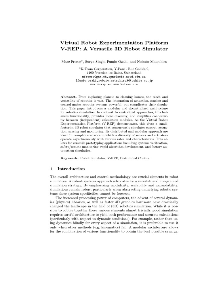 Virtual Robot Experimentation Platform V-REP: A Versatile 3D Robot Simulator | PDF | Scripting ...