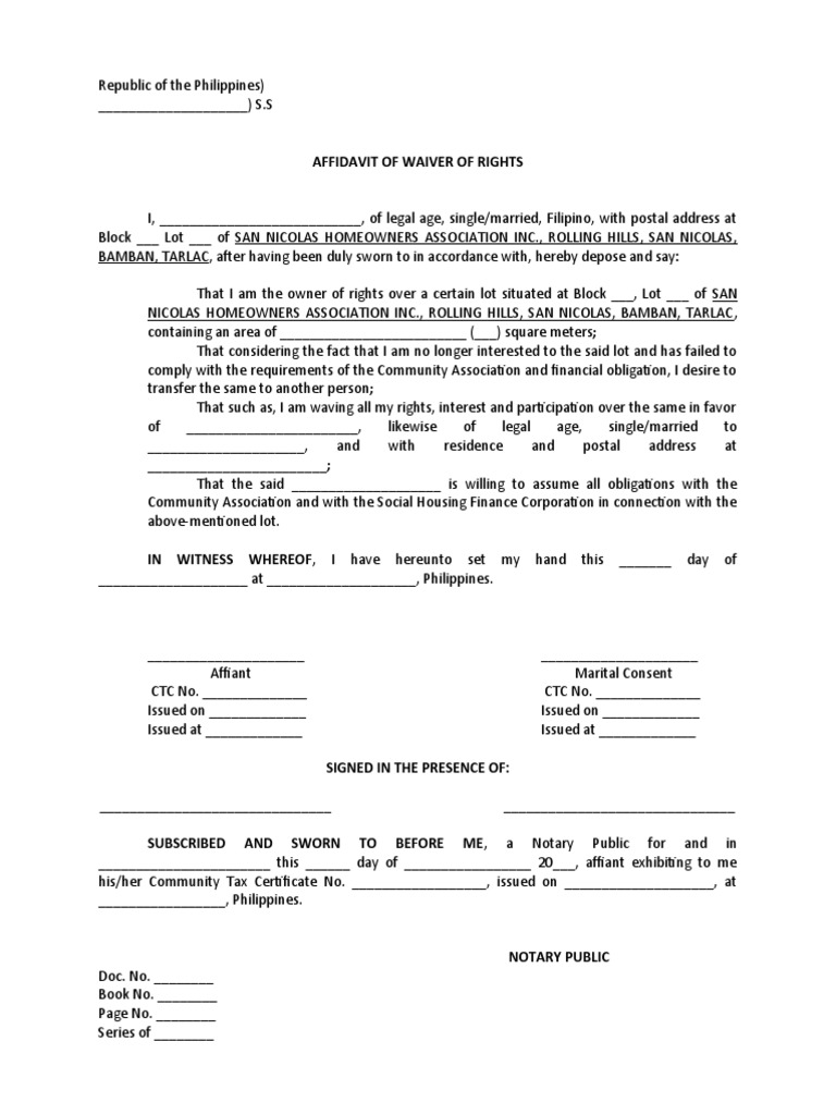 Affidavit of Waiver of Rights | PDF | Affidavit | Civil Law (Common Law)