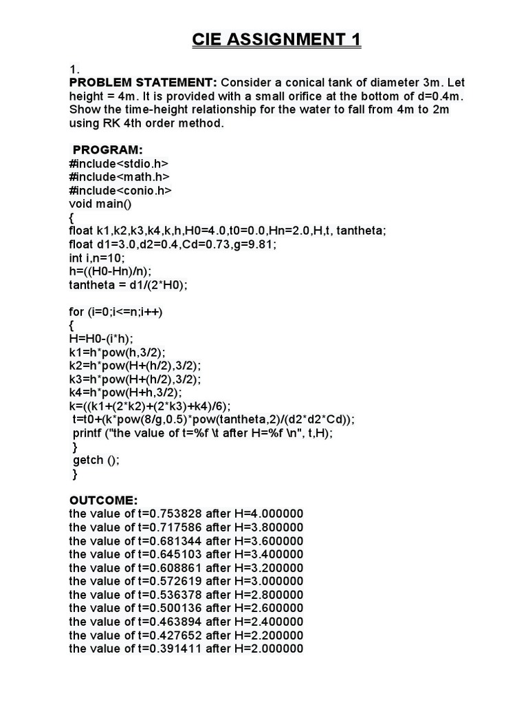 Cie Assignment 1: PROBLEM STATEMENT: Consider A Conical Tank of Diameter 3m. Let | PDF ...