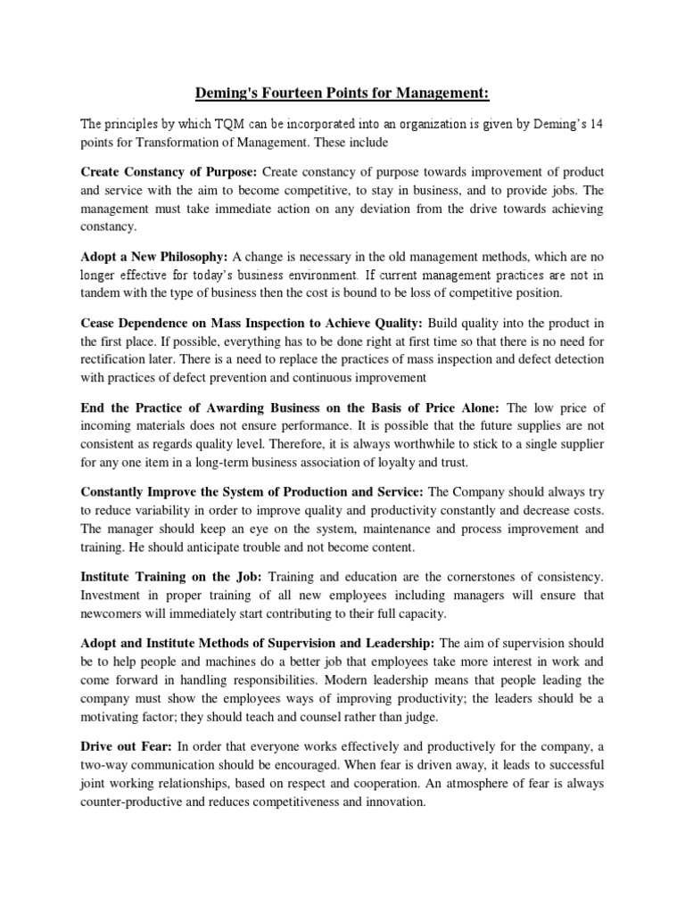 Deming's Fourteen Points For Management | PDF | Leadership | Quality ...