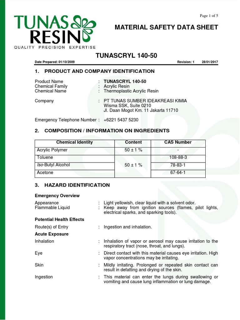 Safety Data Sheet for Tunacryl 140-50 Acrylic Resin: Flammable Liquid ...