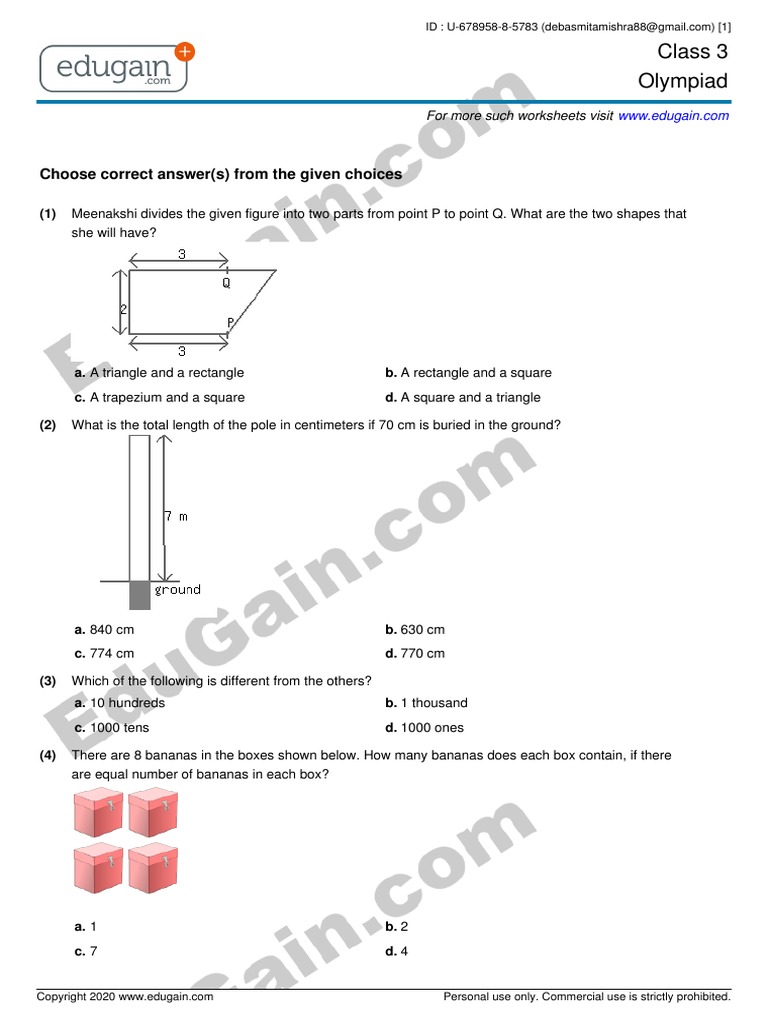 Class 3 Olympiad: Choose Correct Answer(s) From The Given Choices | PDF ...