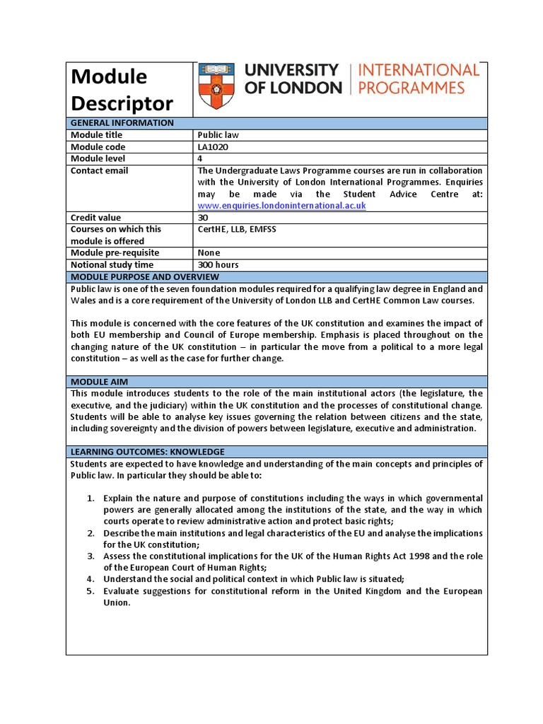 Public Law - Module Descriptor | PDF | Educational Assessment | Constitution