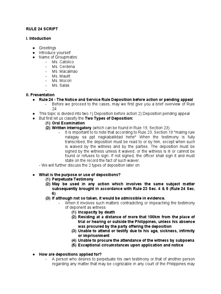 Rule 24 Script | PDF | Deposition (Law) | Witness