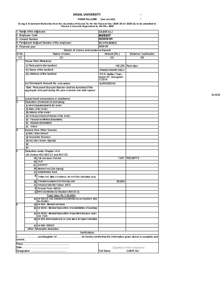 Form-12BB 2019-20 | Download Free PDF | Interest | Life Insurance