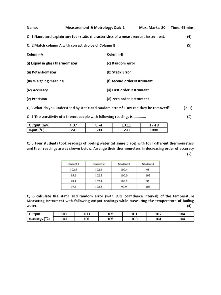 Name: Measurement & Metrology: Quiz-1 | PDF