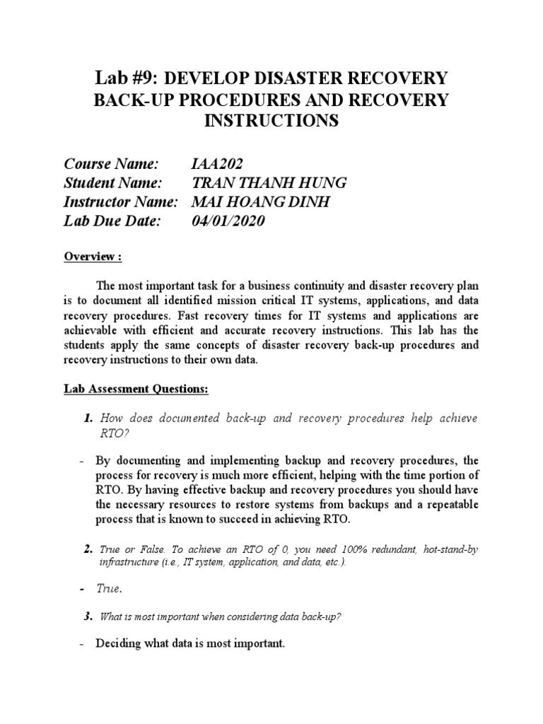 Develop Disaster Recovery Back-Up Procedures and Recovery Instructions ...