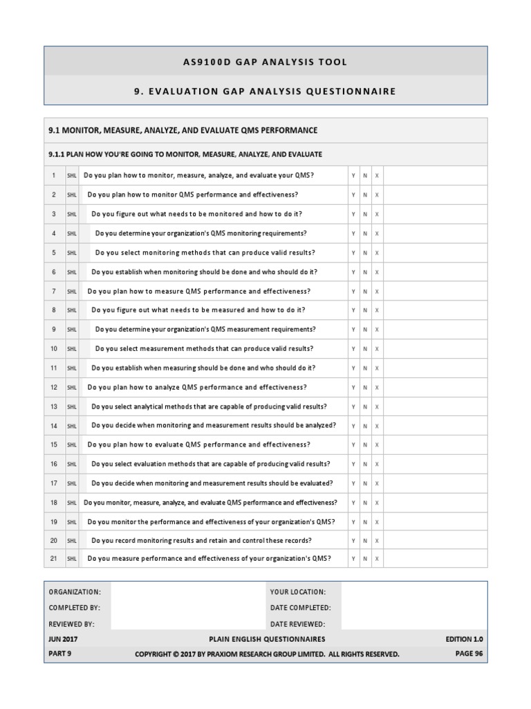 As9100D Gap Analysis Tool 9. Evaluation Gap Analysis Questionnaire ...
