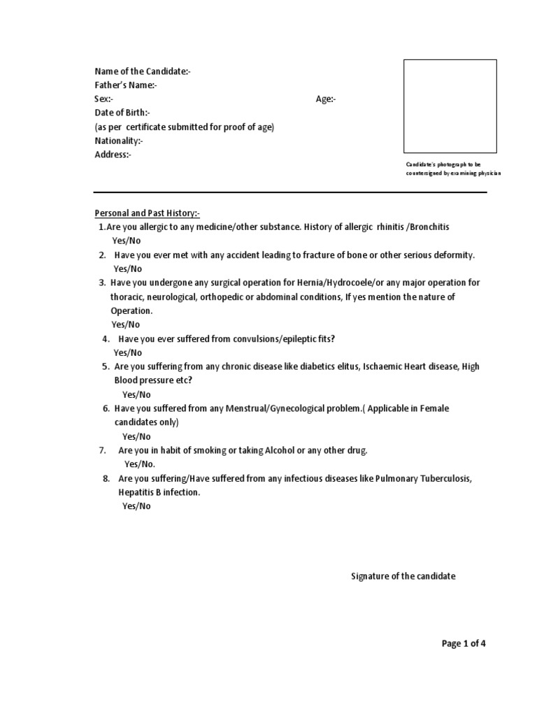 Candidate Medical Examination Form | PDF | Blood Pressure | Medical ...
