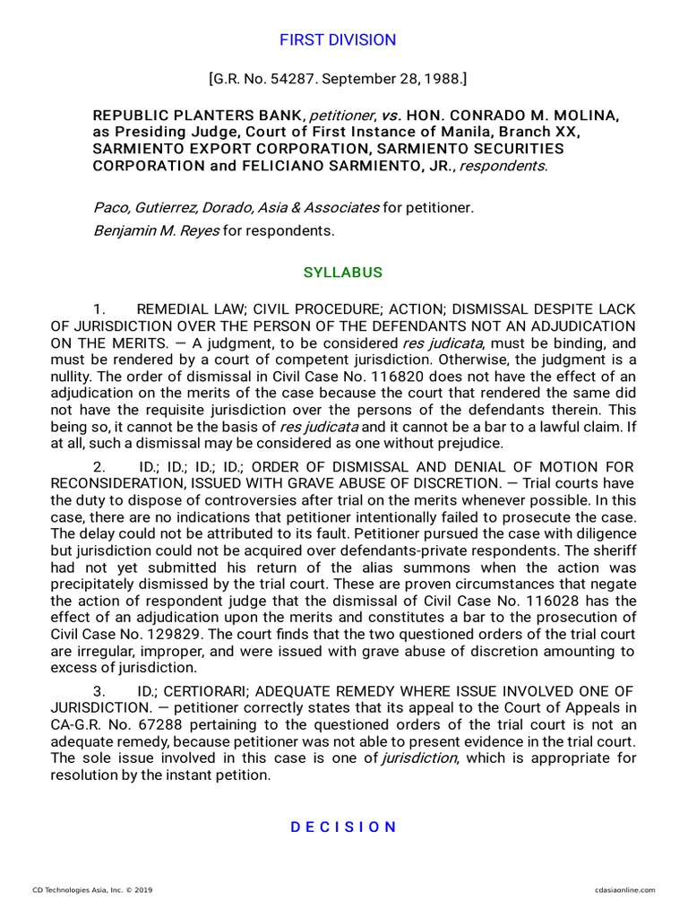 Republic Planters Bank Vs Molina | PDF | Lawsuit | Res Judicata