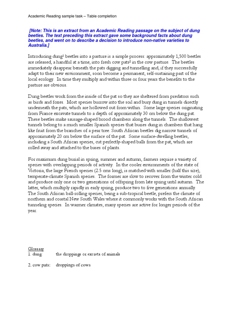 Academic Reading Sample Task Table Completion | PDF | Beetle | Tunnel