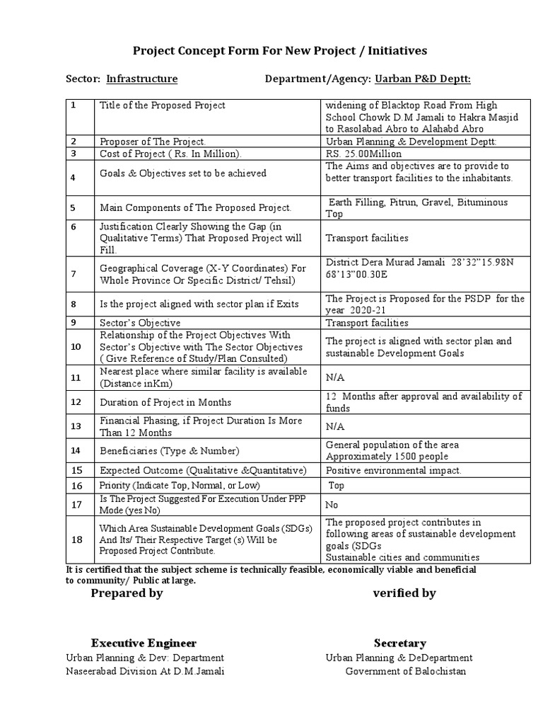 Project Concept Form For New Project / Initiatives: Sector ...